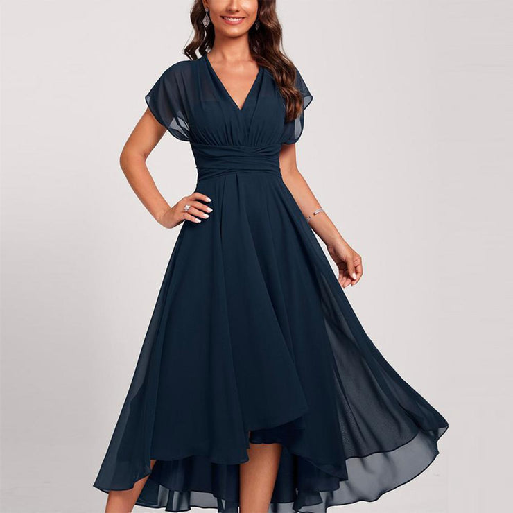 Women's Elegant Blue V Neck Flare Midi Dress – Dolce-lino